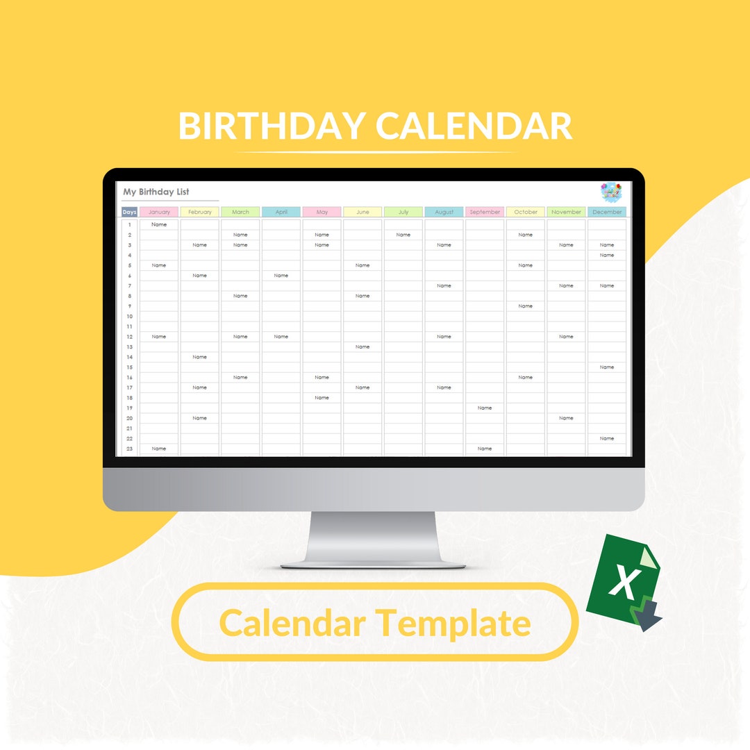 Birthday Calendar Excel Template | Fillable Birthday Planner | Birthday ...