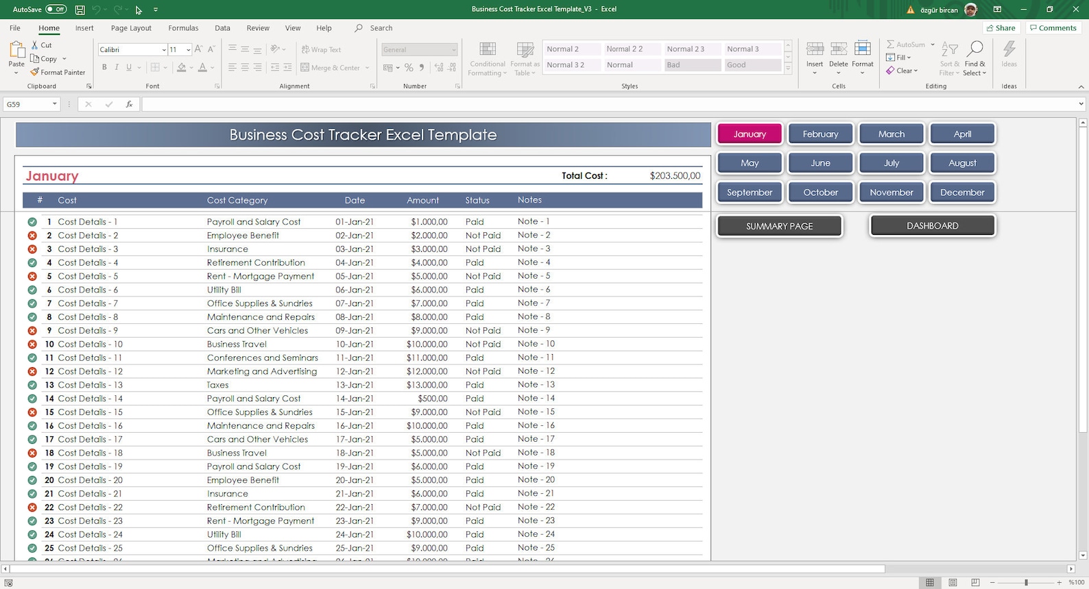 Business Cost Tracker Excel Template Budget Tracker Excel - Etsy