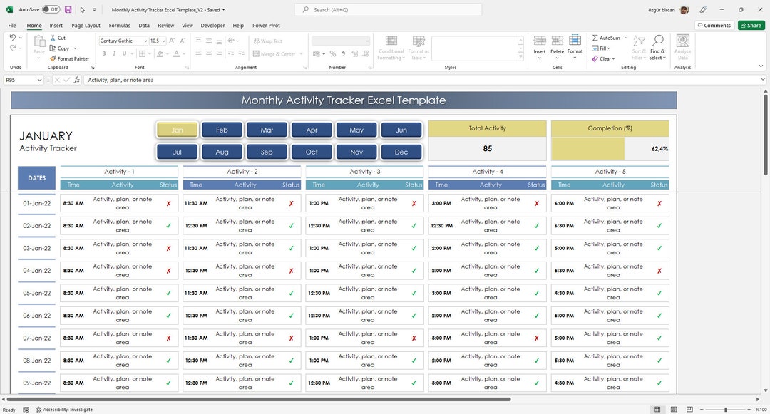 Monthly Activity Tracker Excel Template Editable Activity - Etsy Monthly Activity Tracker Excel Template Editable Activity - Etsy