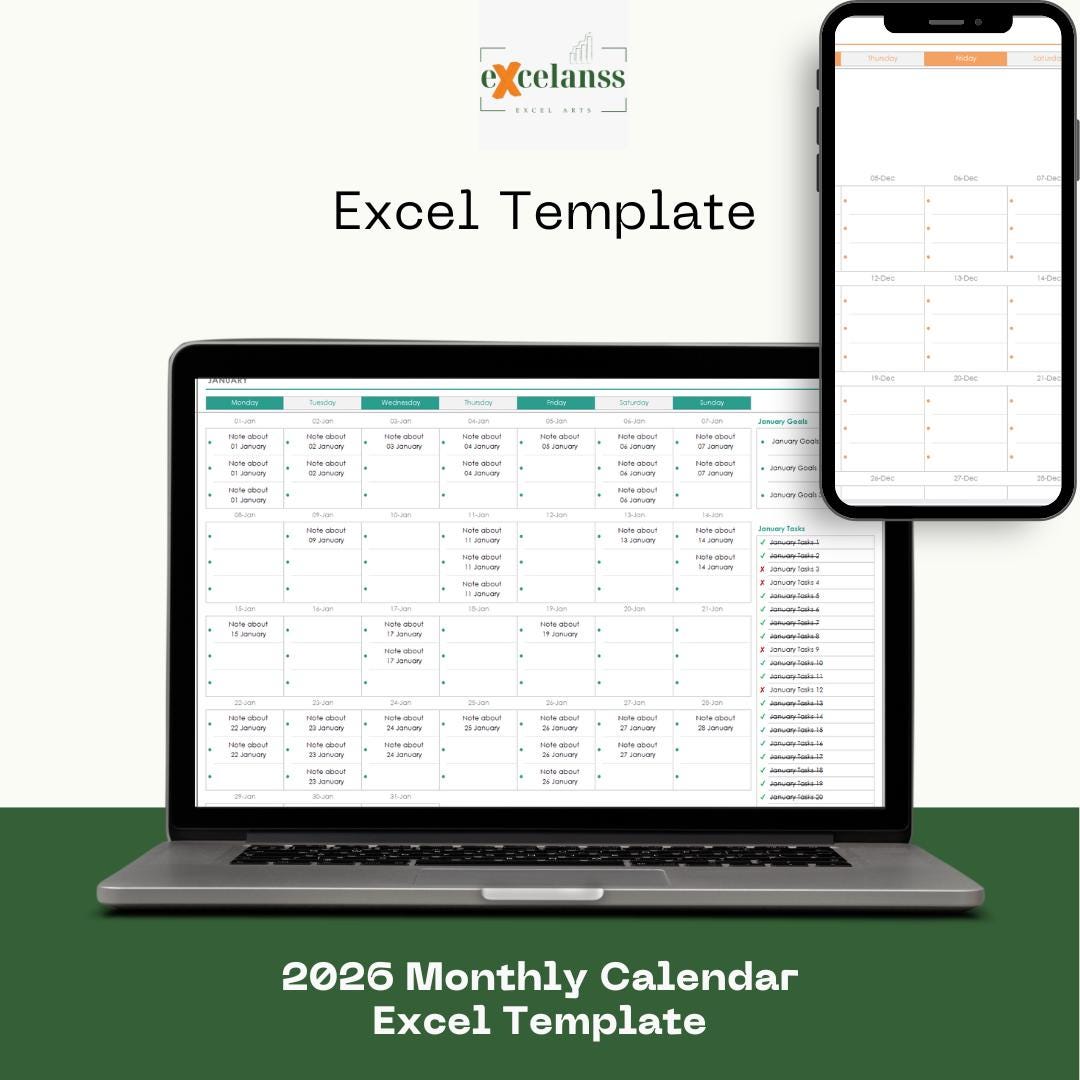 2026 Monthly Calendar Excel Template: Goals & Tasks (printable) - Etsy