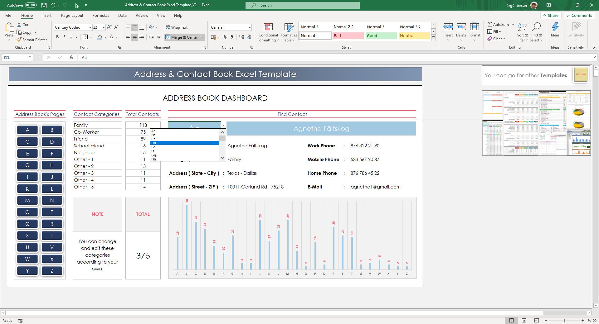 Address & Contact Book Excel Template: Printable Phone and Info ...