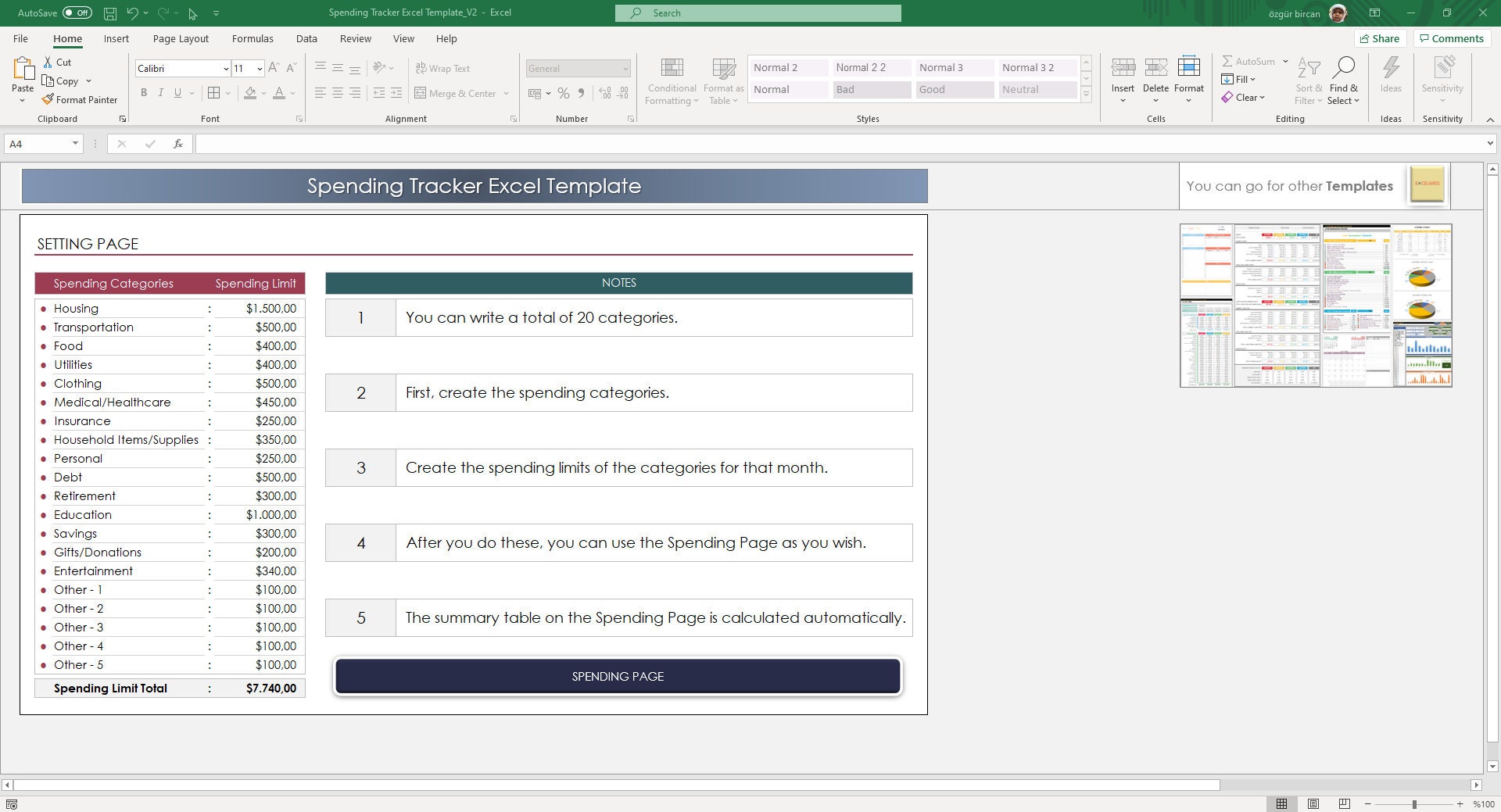 Monthly Spending Tracker Excel Template Monthly Expense | Etsy