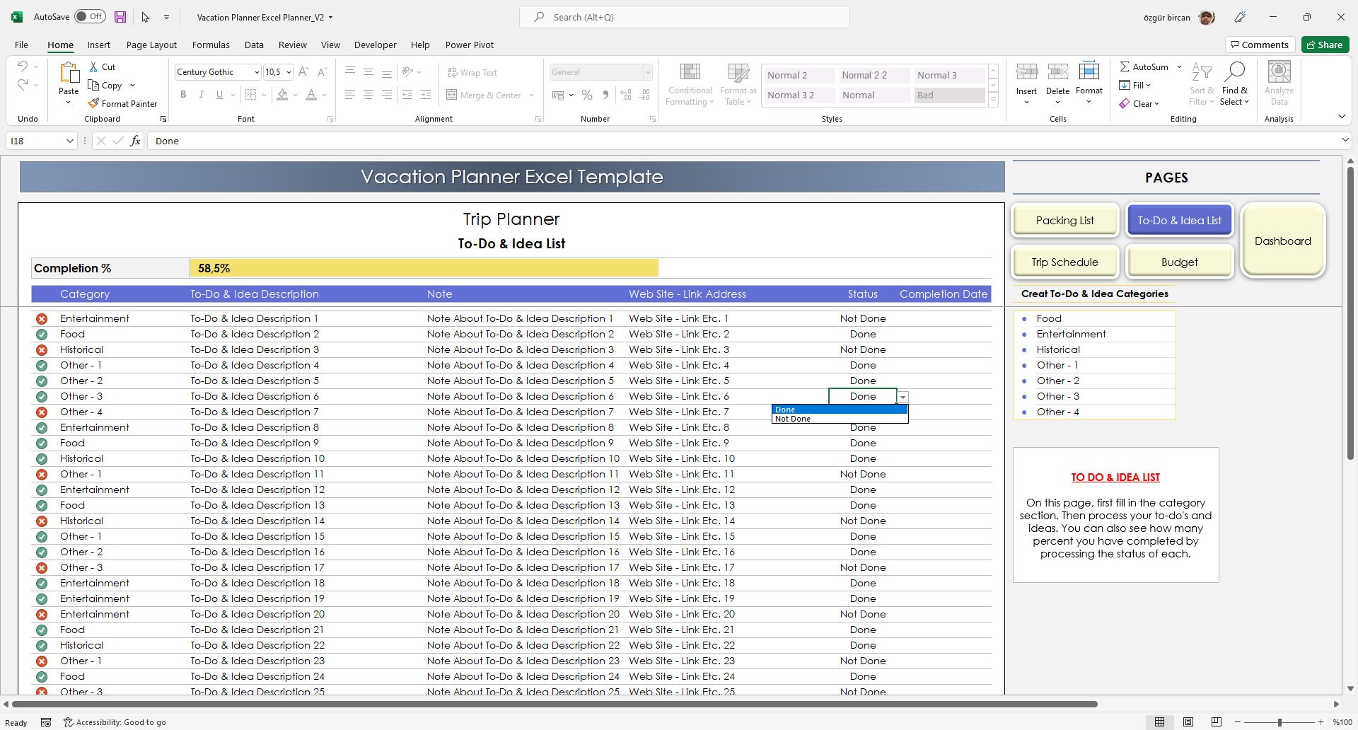 Holiday Planner Excel Template Trip Planner Tracker - Etsy