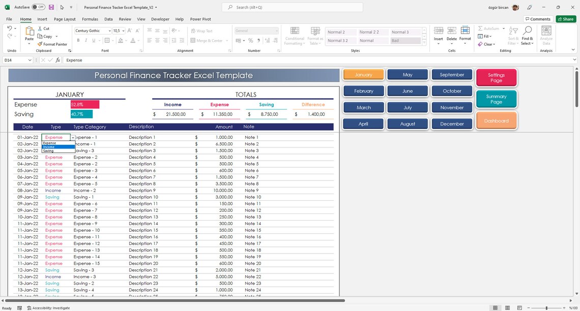 Personal Finance Tracker Excel Template Personal Budget | Etsy