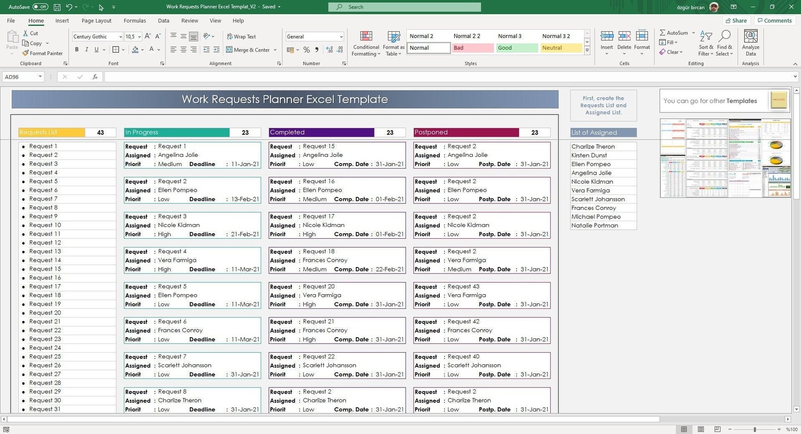 Work Requests Planner: Editable Excel Template (digital Download) - Etsy