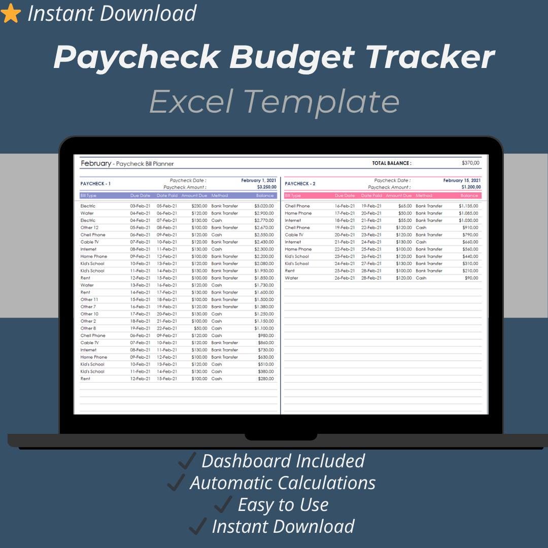 Paycheck Budget Excel Template | Monthly Bill Tracker Spreadsheet ...