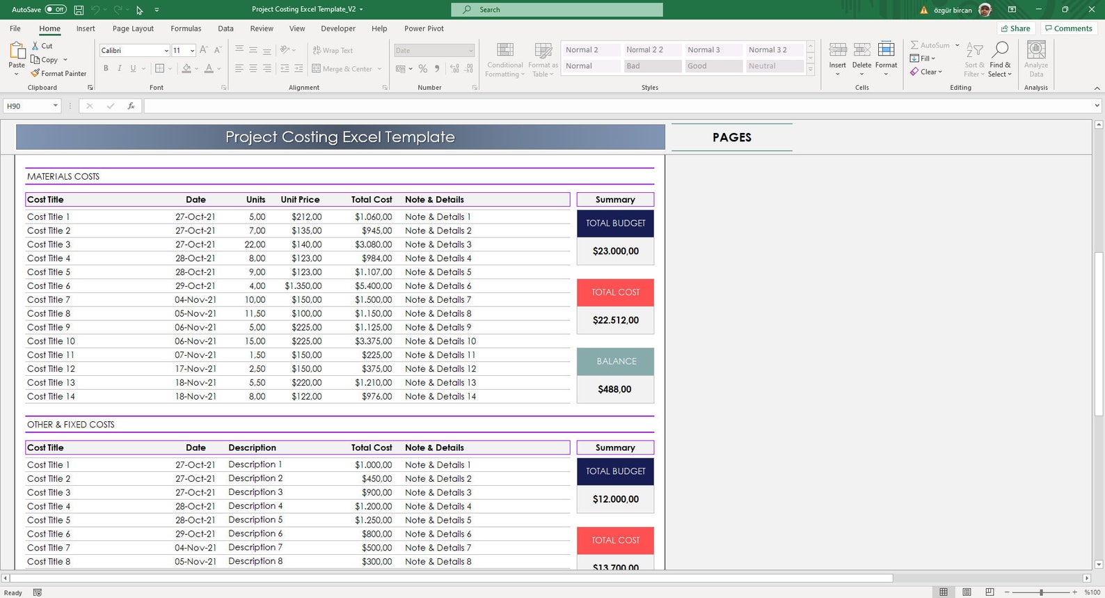 Project Costing Excel Template | Project Budget & Expense Tracker ...