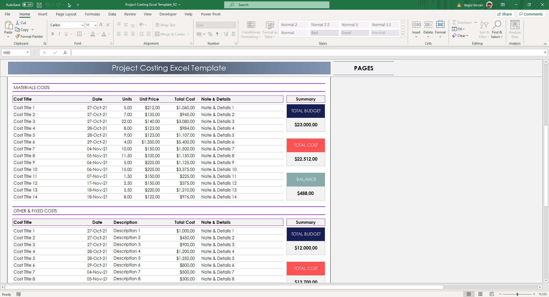 Project Costing Excel Template | Project Budget & Expense Tracker ...