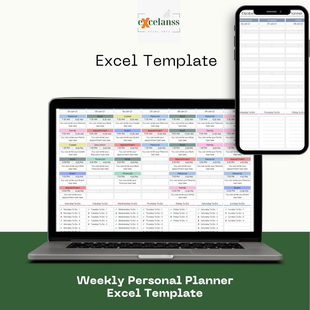 Weekly Personal Planner Excel Template: Schedule Tracker (printable) - Etsy