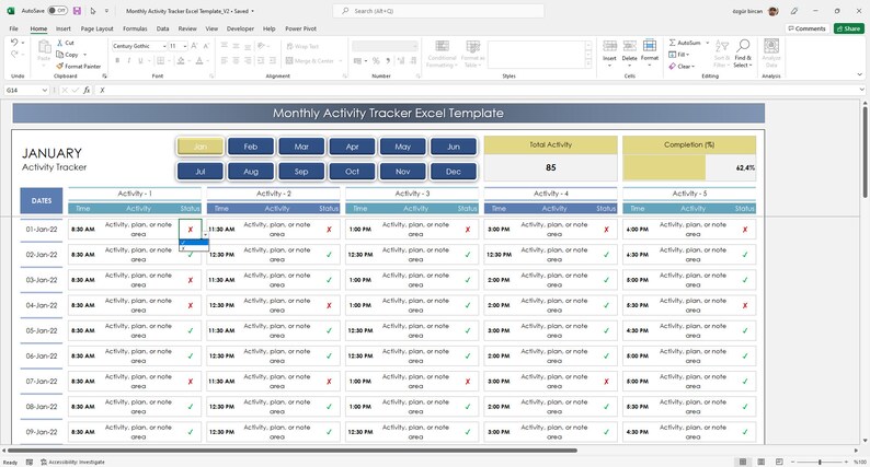 Monthly Activity Tracker Excel Template Editable Activity | Etsy