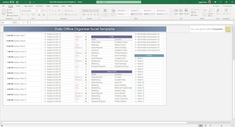 Daily Office Organizer Excel Template: Simple Planner Worksheet ...