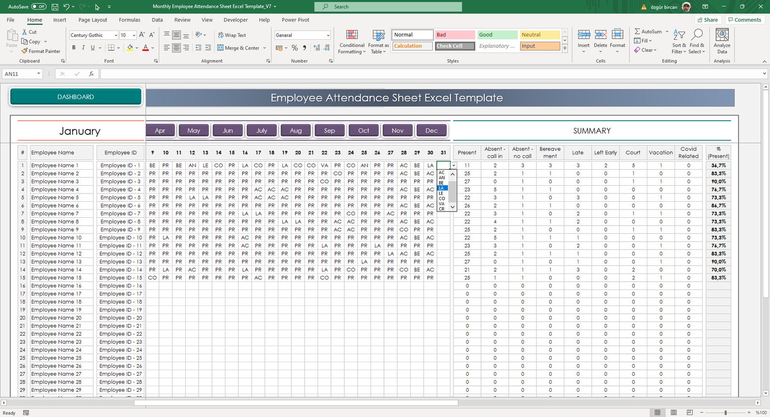 Employee Attendance Sheet Excel Template 1-100 Employees | Etsy