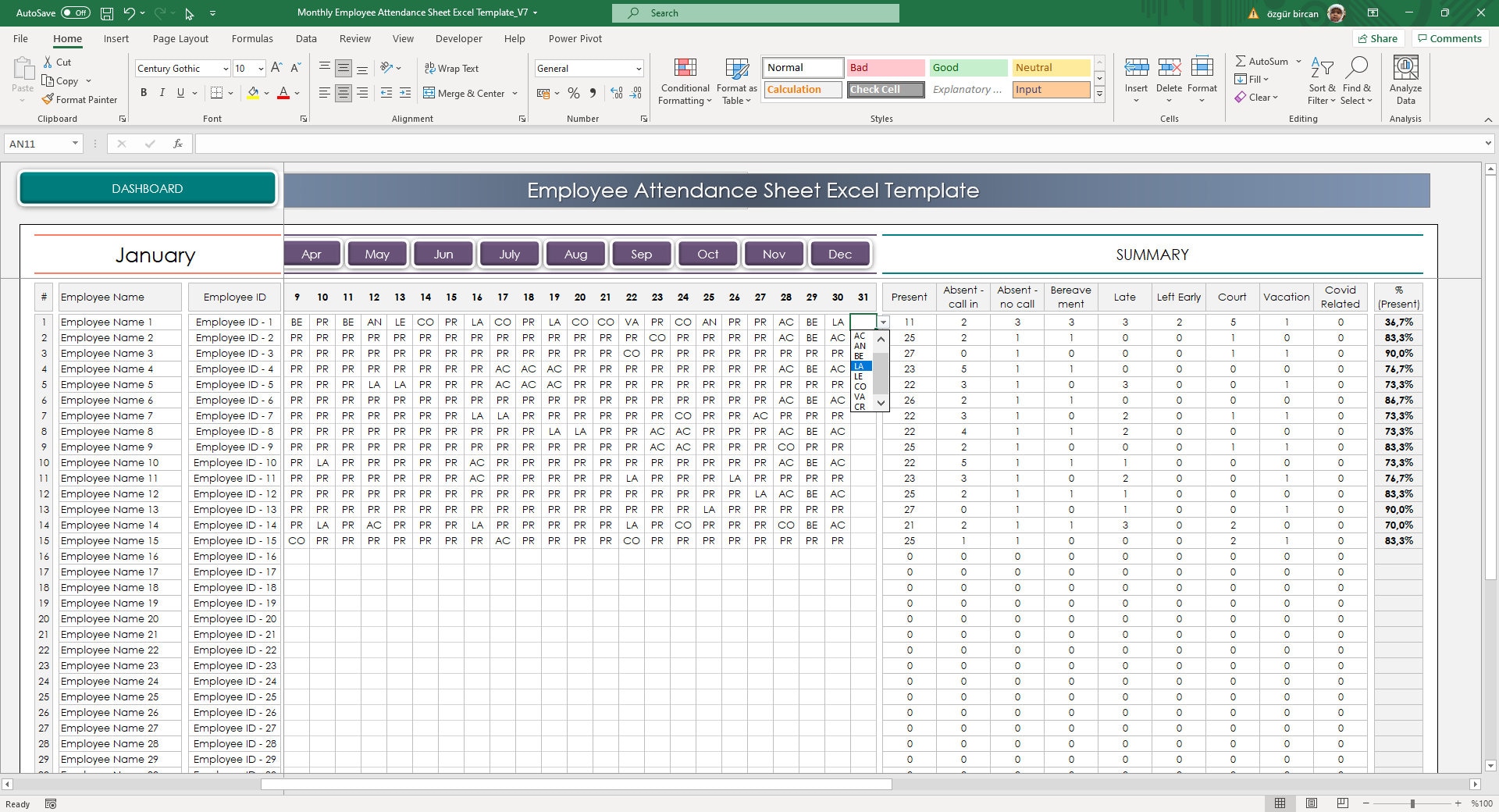 Employee Attendance Sheet Excel Template 1-100 Employees | Etsy