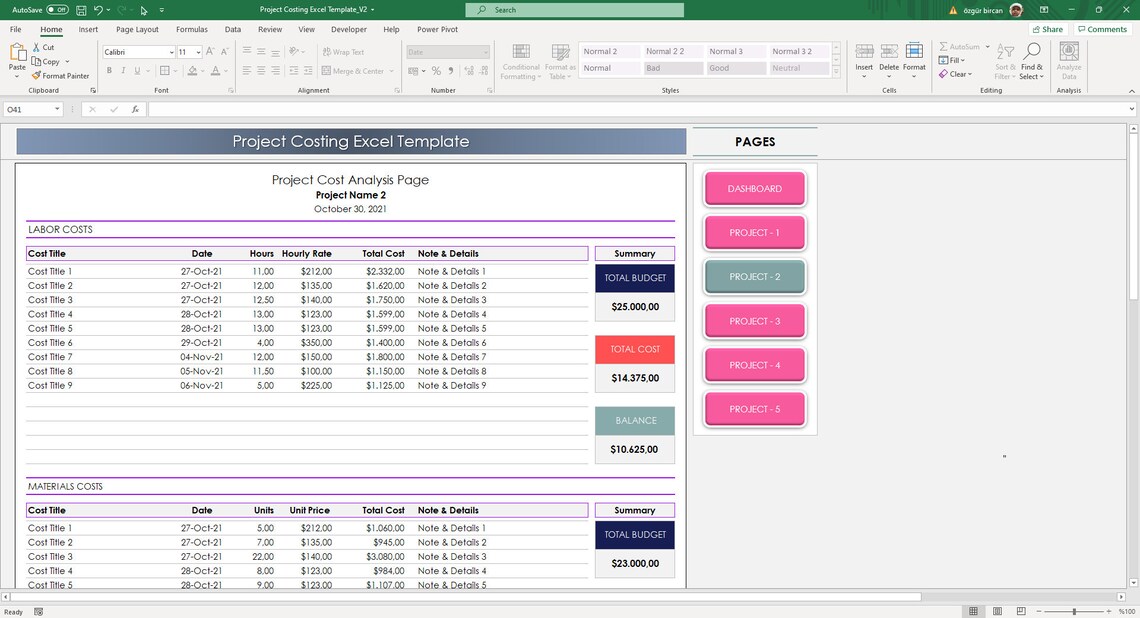 Project Costing Excel Template | Project Budget & Expense Tracker ...