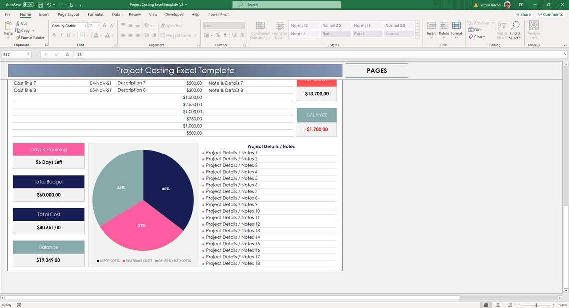 Project Costing Excel Template | Project Budget & Expense Tracker ...