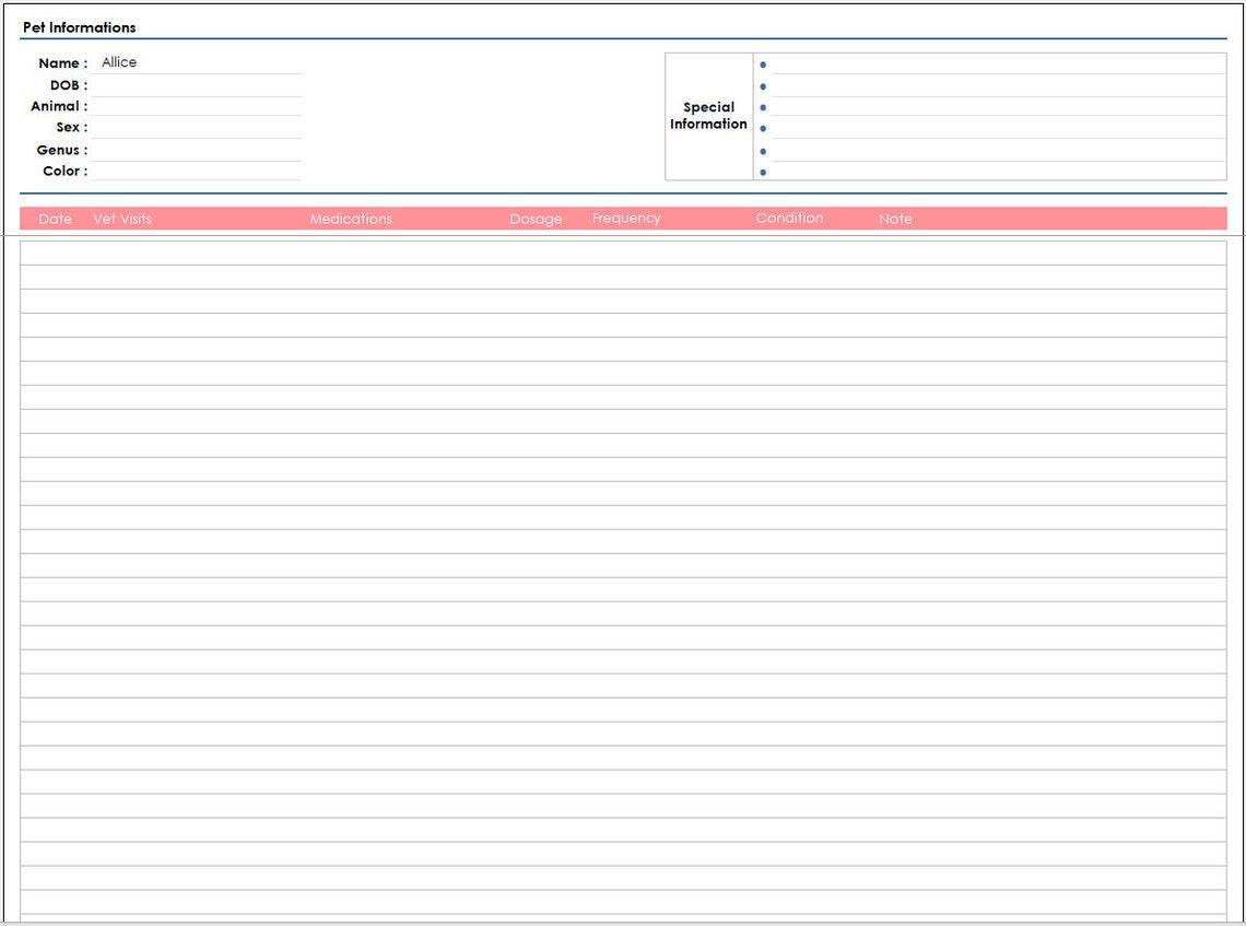 Pet Medical History Excel Template Pet Medical Log Pet - Etsy