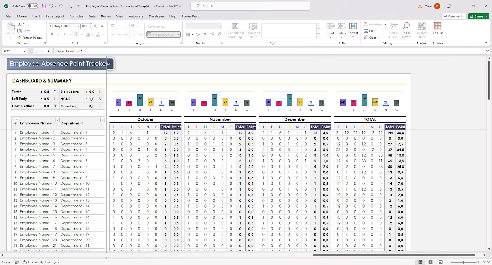 Employee Absence Point Tracker Excel Template | HR Attendance Tracking ...