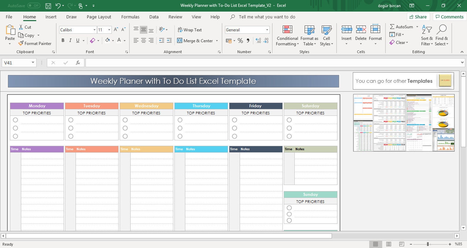 Weekly Planner With To-do List Excel Template Planner - Etsy