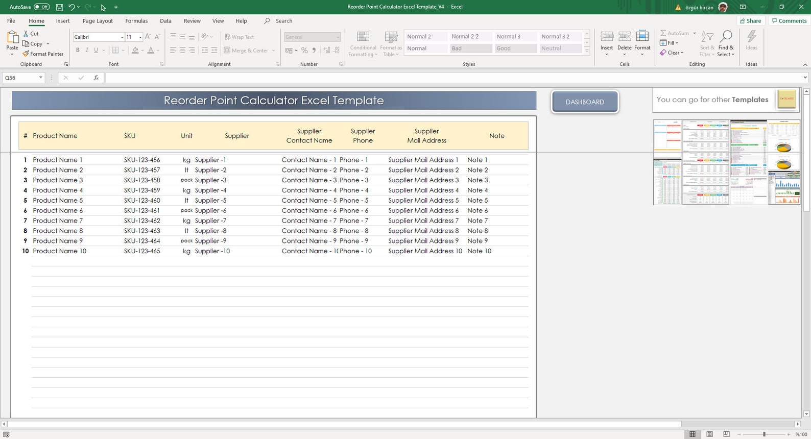 Reorder Point Calculator Excel Template | Etsy
