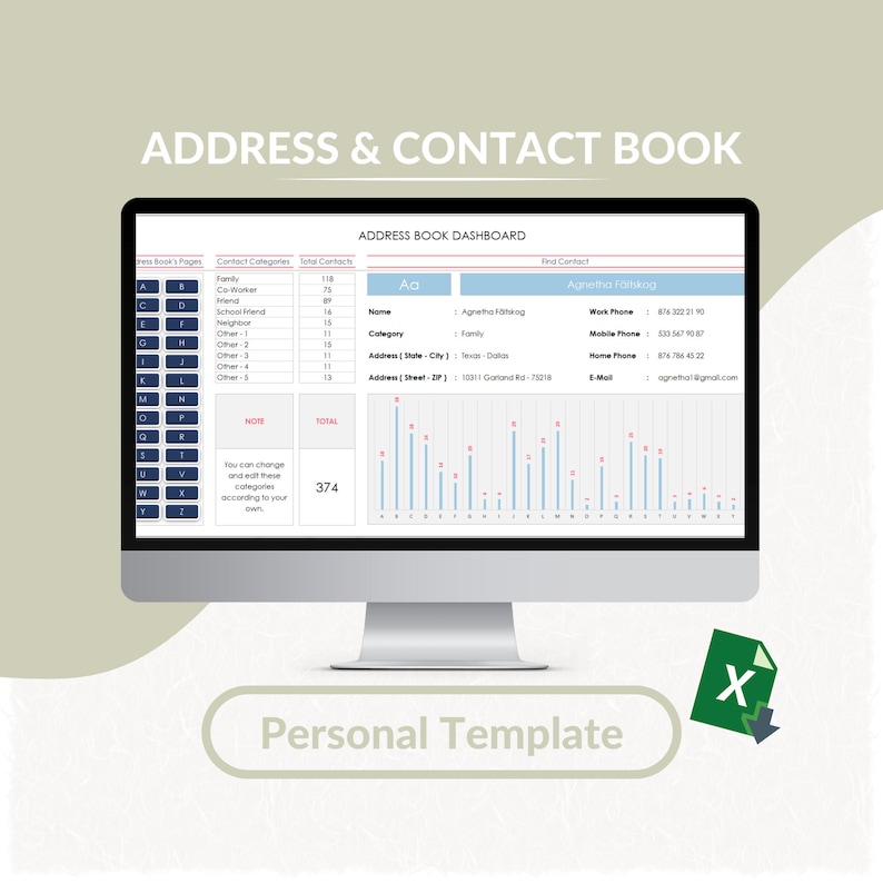 Address & Contact Book Excel Template Telephone Directory - Etsy