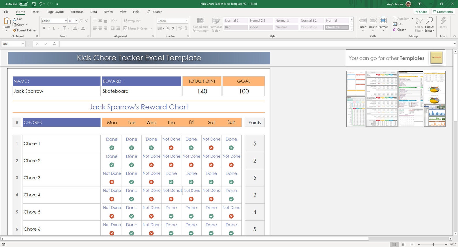 Kids Chore Tracker Excel Template Chore Planner Excel - Etsy