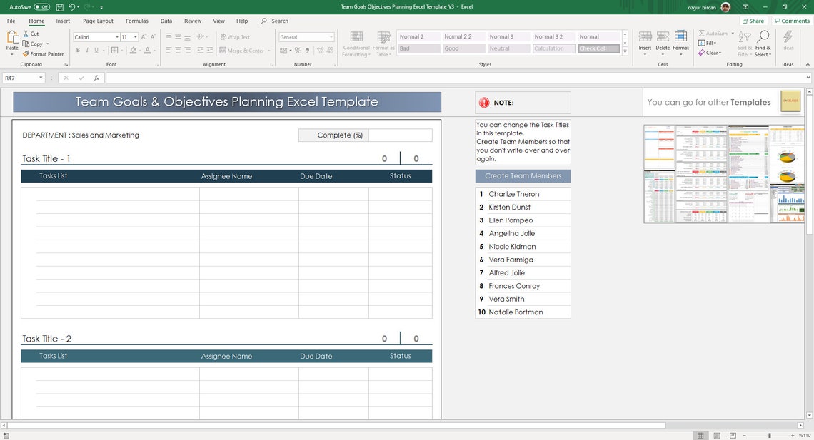 Team Goals & Objectives Planning Excel Template Planner - Etsy