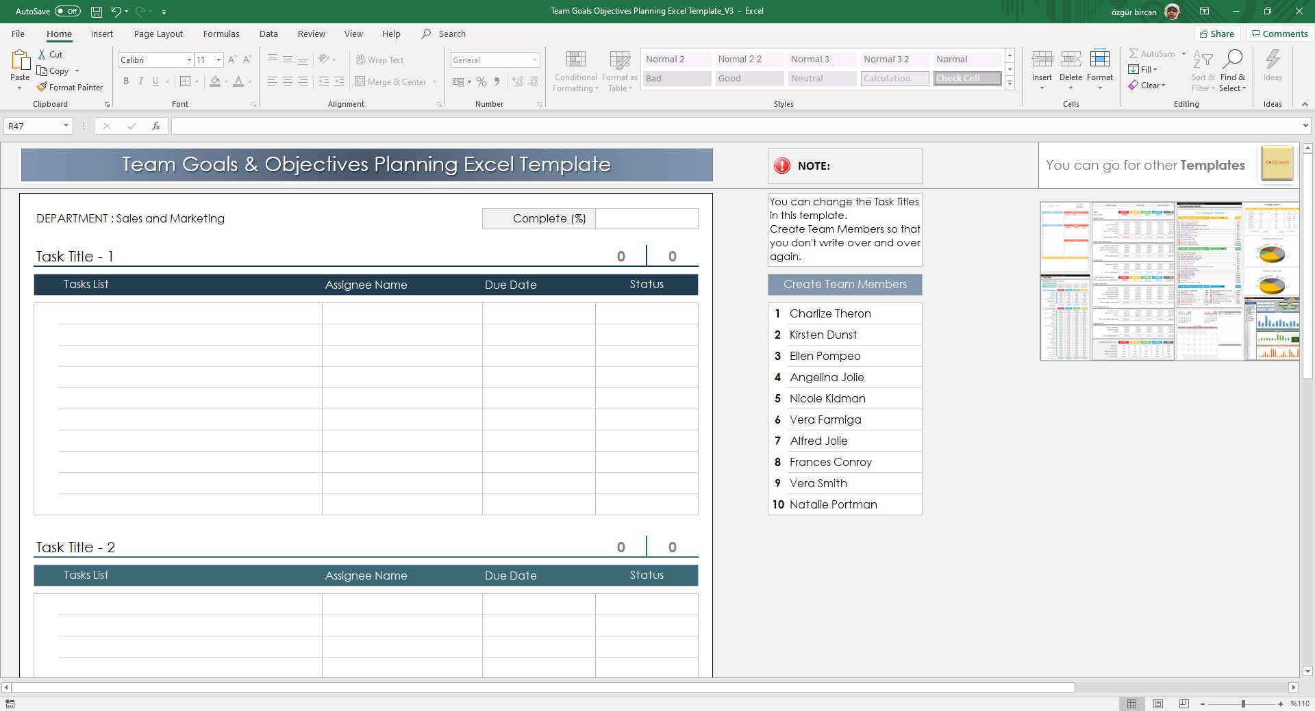 Team Goals & Objectives Excel Template: Track Team Targets, Tasks and ...