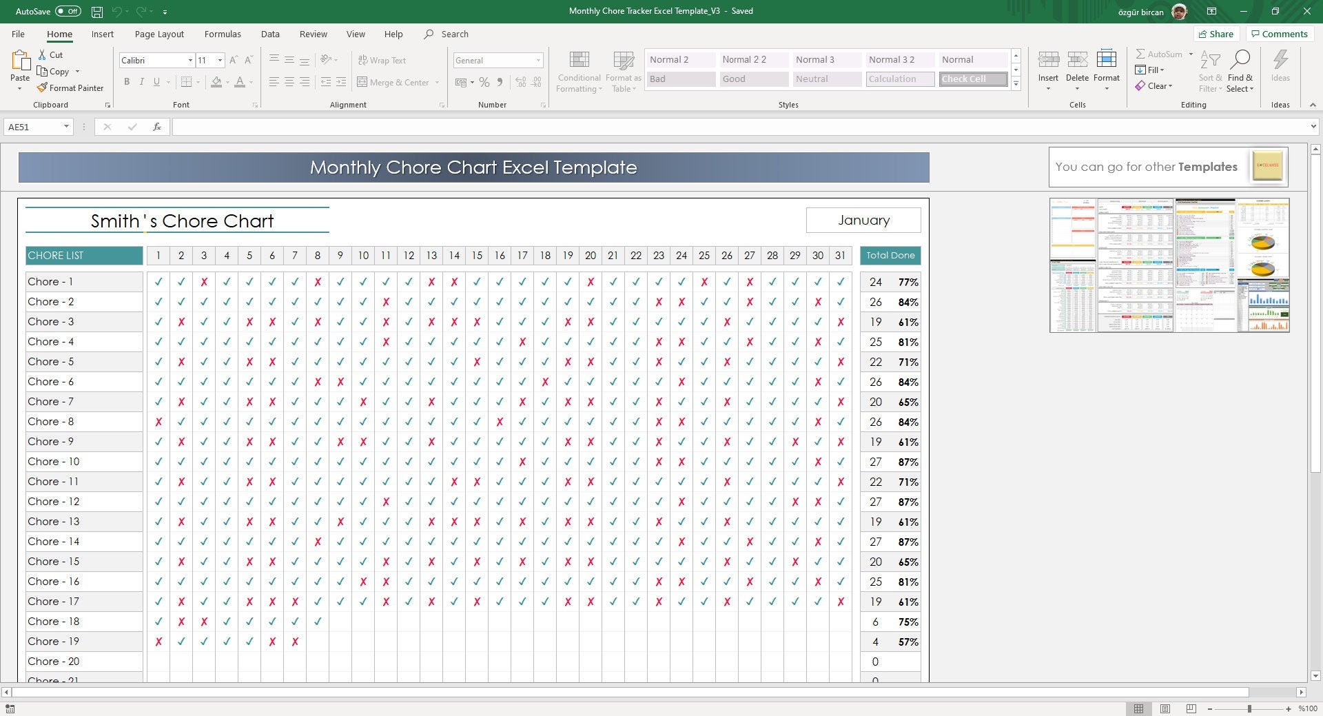 Monthly Chore Tracker Excel Template | Chore Planner | Excel Planner | Printable Chore Tracker ...
