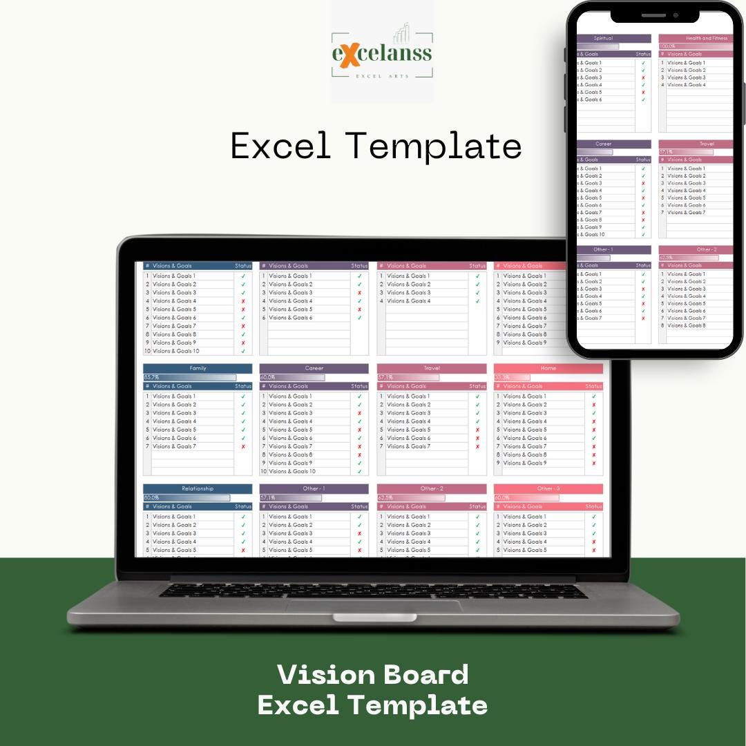 Vision Board Excel Template: Goal Planner Spreadsheet With 12 Life ...