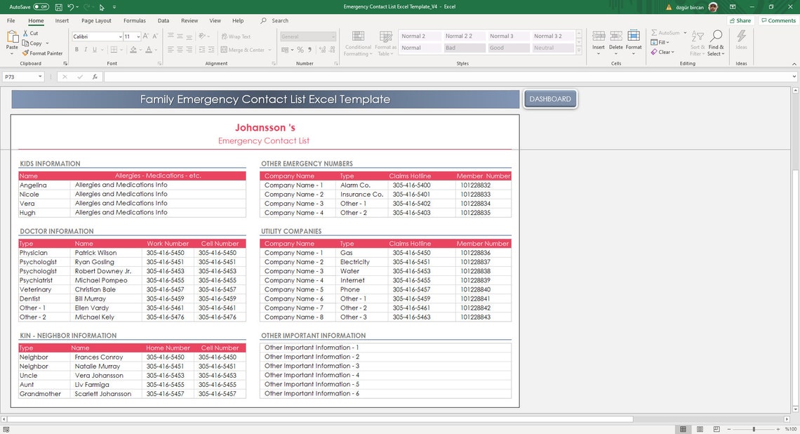 Emergency Contact List Excel Template Emergency Contact - Etsy