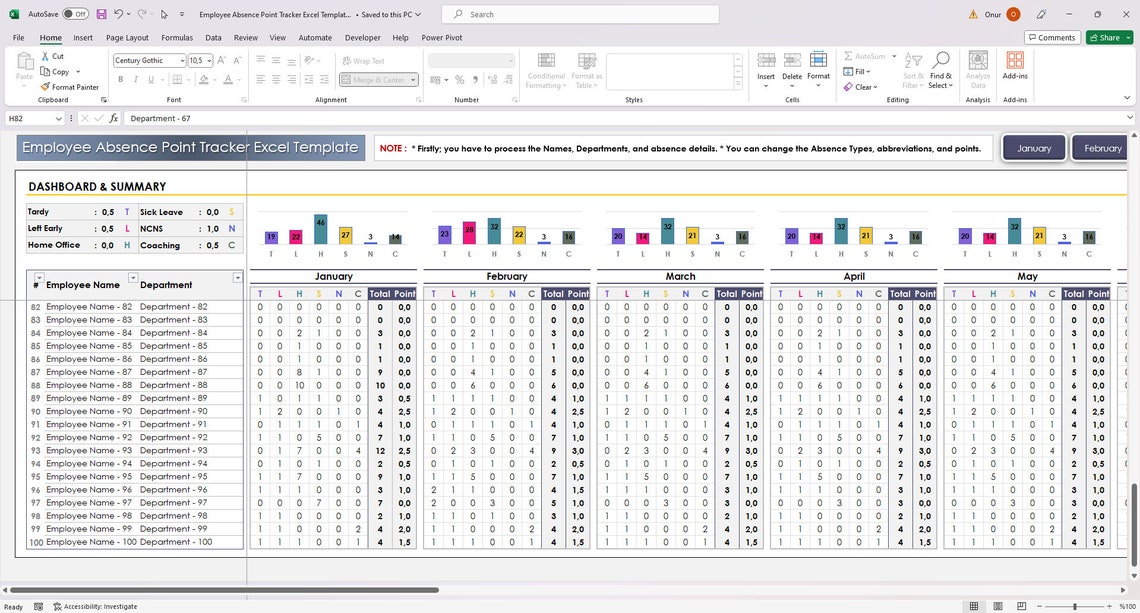 Employee Absence Point Tracker Excel Template | HR Attendance Tracking ...