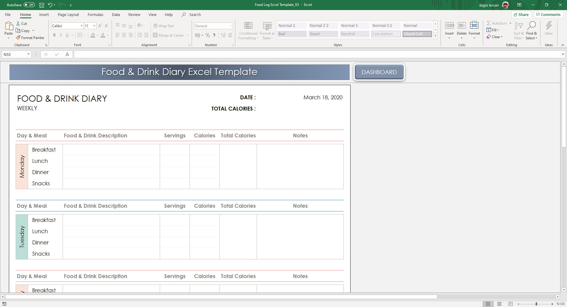 Food & Drink Diary Excel Template Food Journal Diary Drink - Etsy UK
