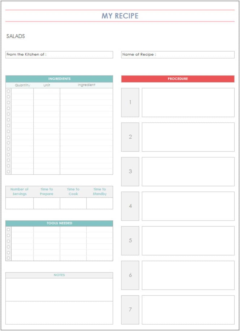 Recipe Creator Excel Template: 50 Recipes in 5 Categories With ...