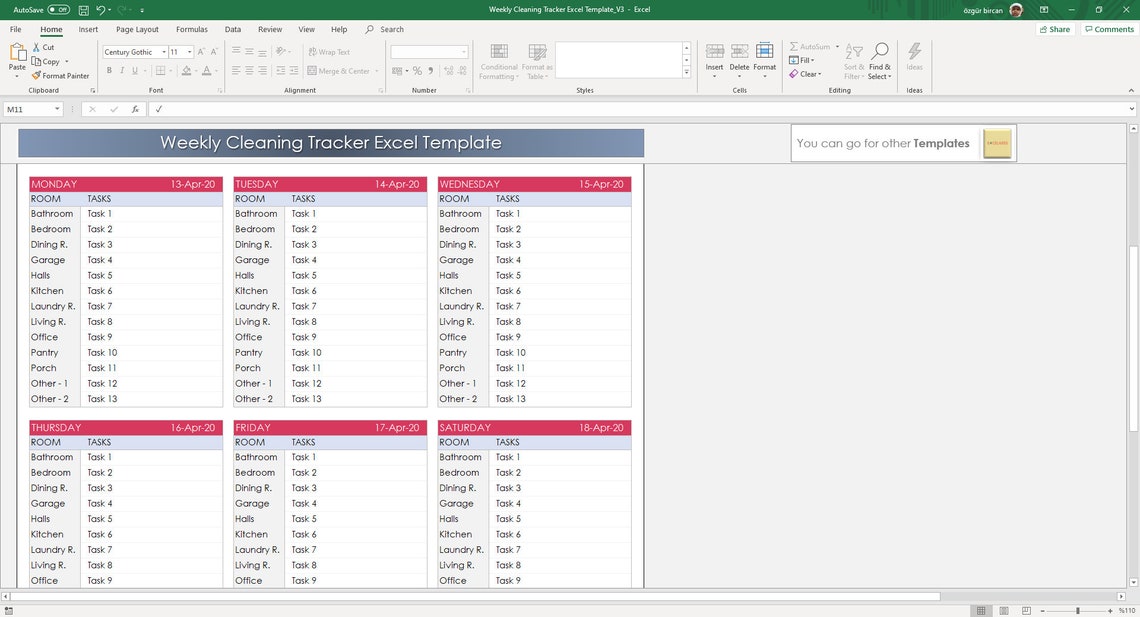Weekly Cleaning Tracker Excel Template Cleaning Planner - Etsy