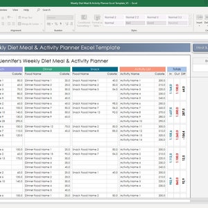 Weekly Diet Meal & Activity Planner Excel Template: Iet and Workout ...