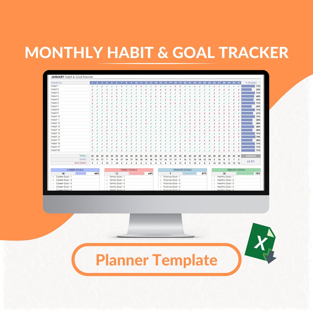 Monthly Habit and Goal Tracker Excel Template | Monthly Habit and Goal ...