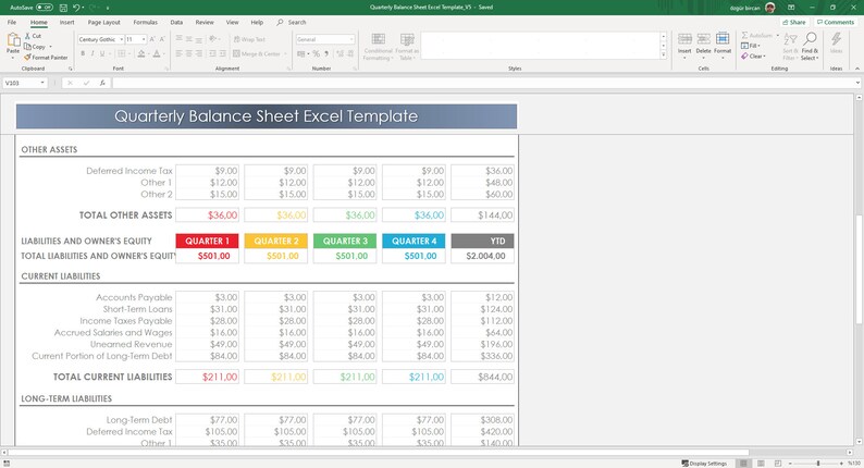 Quarterly Balance Sheet Excel Template Balance Tracker | Etsy Canada
