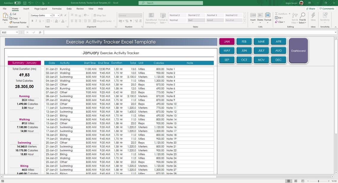 Exercise Activity Tracker Excel Template Workout Log | Etsy