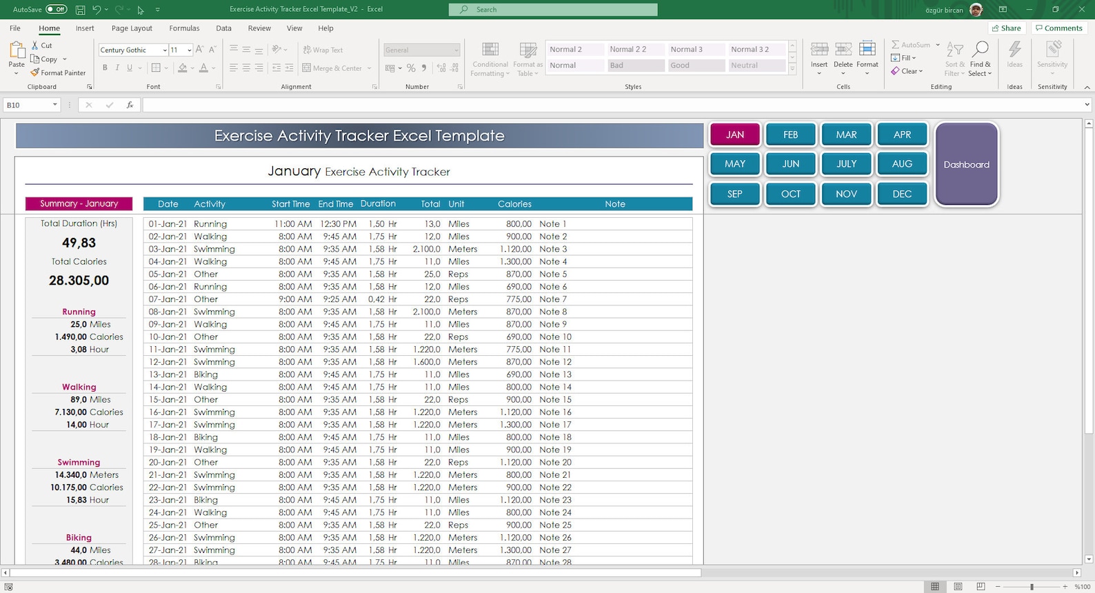 Exercise Activity Tracker Excel Template Workout Log | Etsy