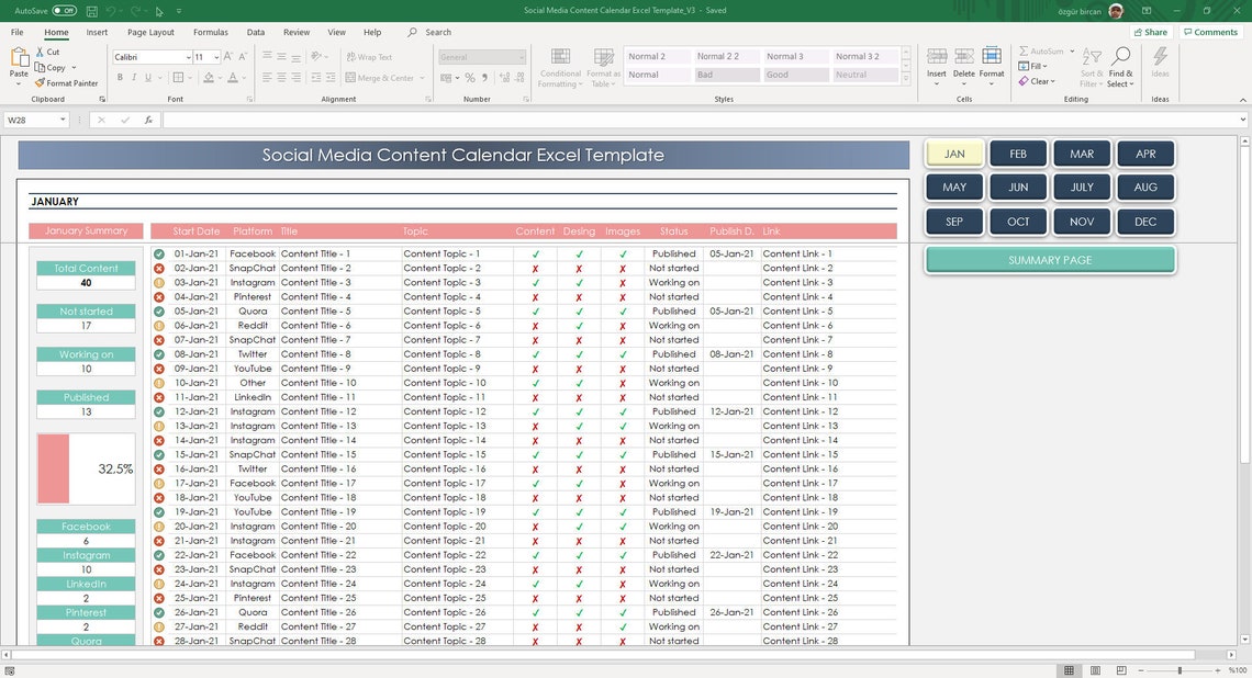 Social Media Content Calendar: Excel Template, Editorial Planner - Etsy