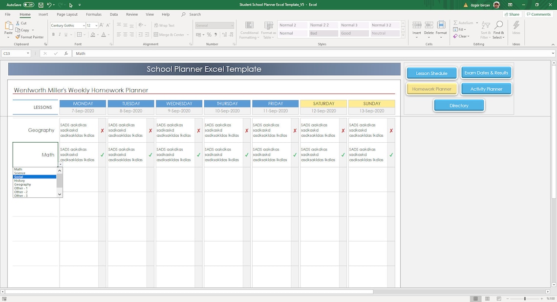 Student School Planner Excel Template | Etsy