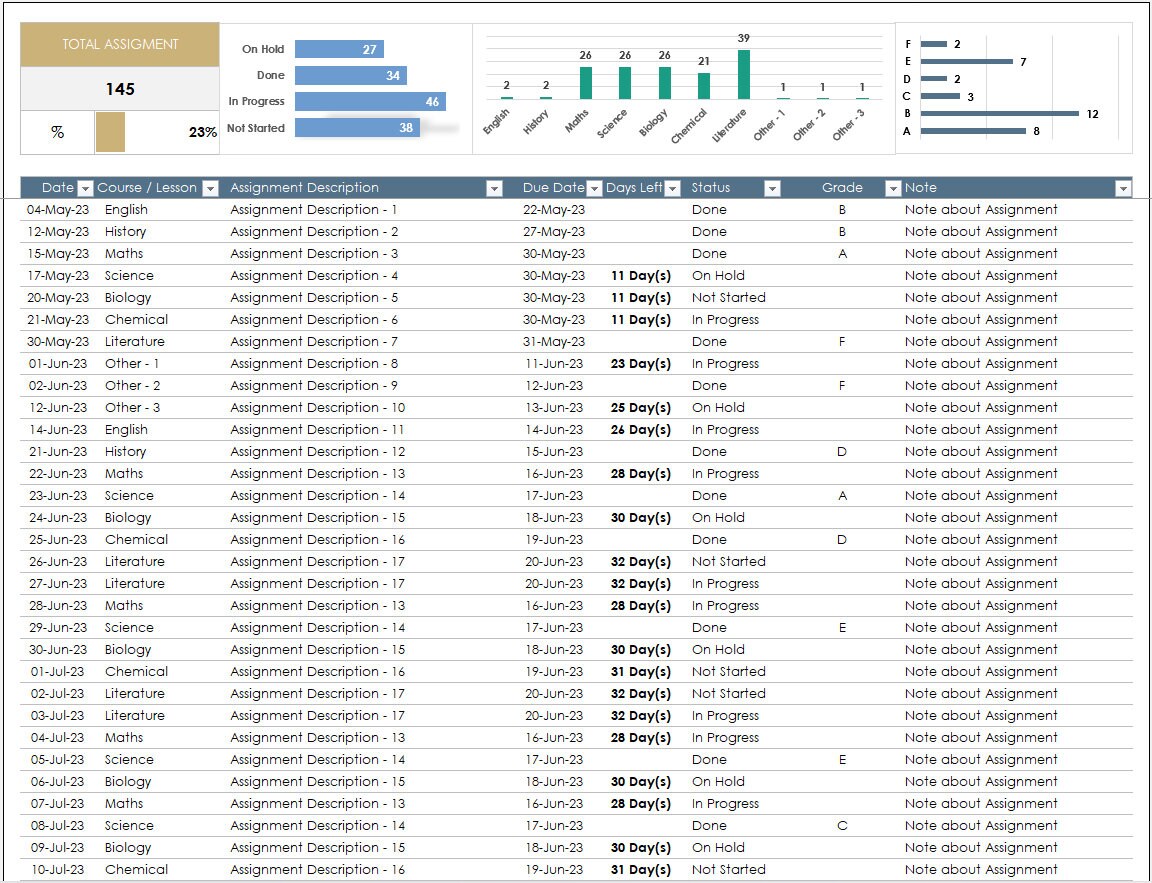 Assignment Tracker Excel Template | Student Homework Planner & Study ...