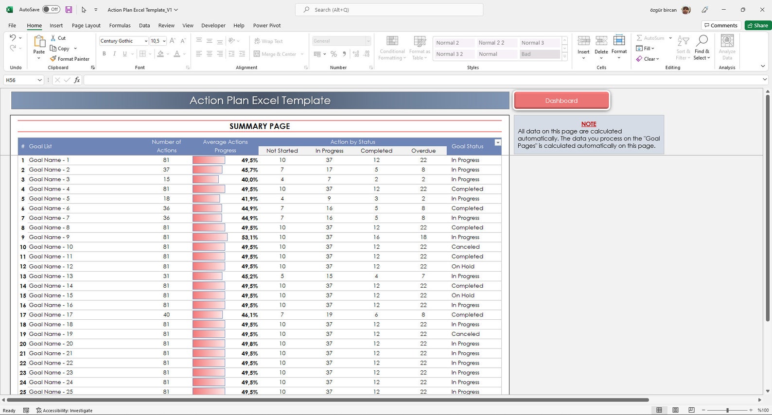 Action Plan Excel Template | Goal Tracker | Task Planner Spreadsheet ...