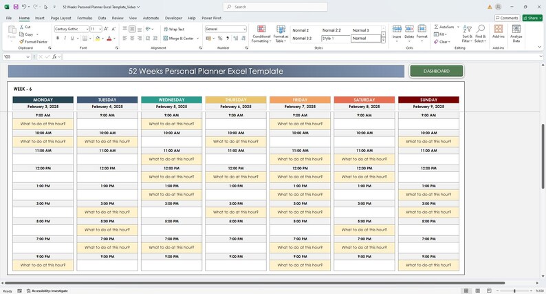Weekly Personal Planner Excel Template | 52 Weeks Goals, Tasks ...