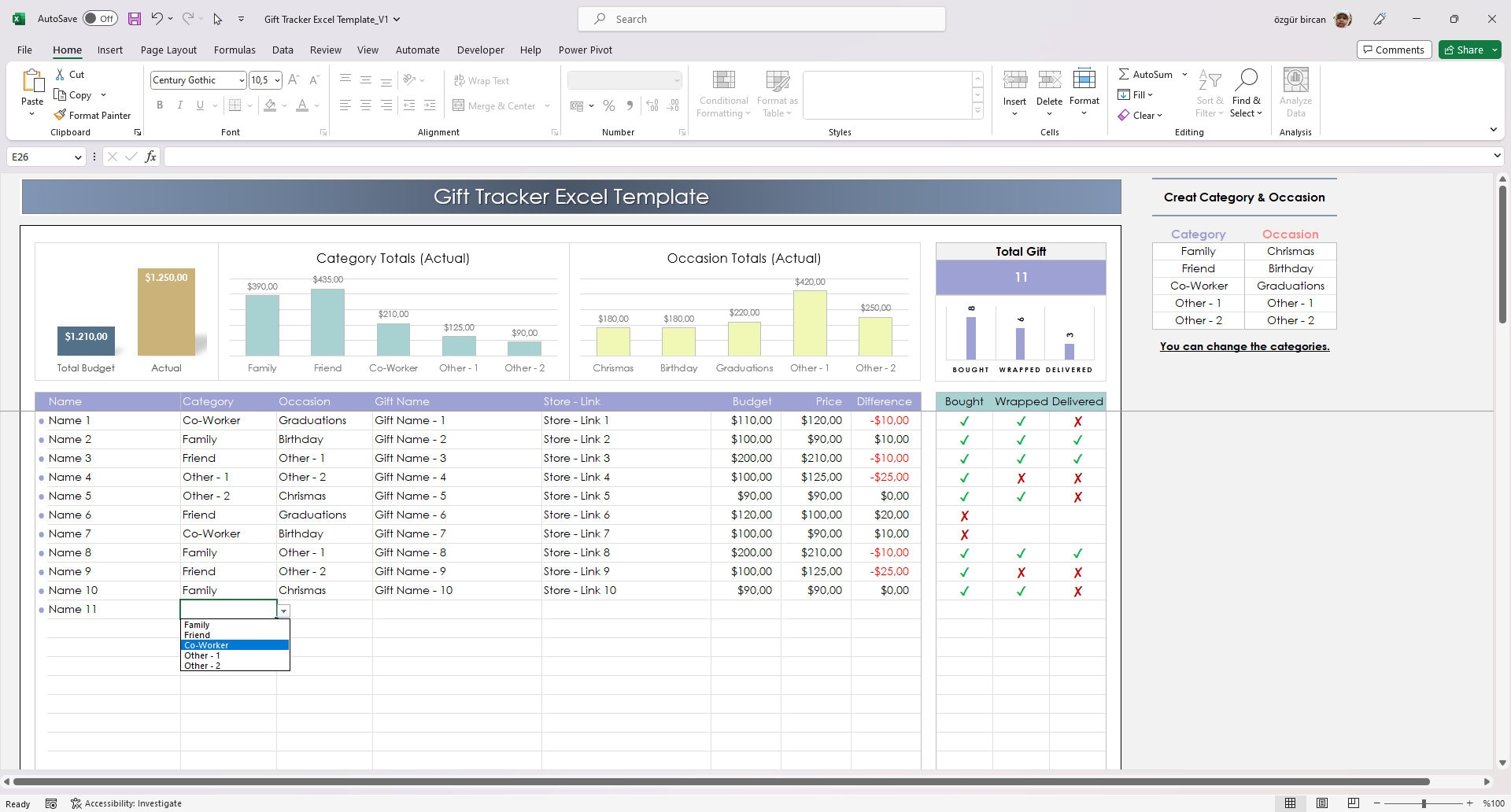 Gift Tracker Excel Template Gift Planner Excel Template - Etsy