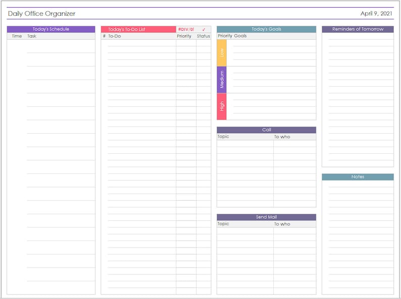Daily Office Organizer Excel Template: Simple Planner Worksheet ...