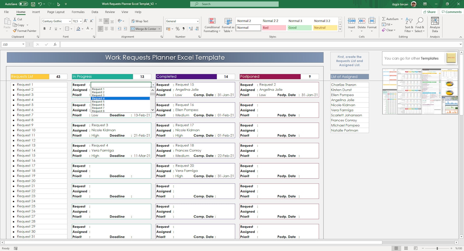 Work Requests Planner Excel Template Work Tracking Chart Editable ...