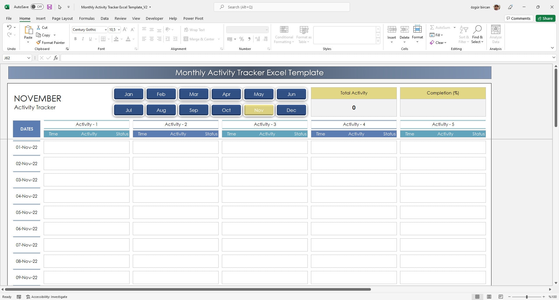 Monthly Activity Tracker Excel Template Editable Activity | Etsy