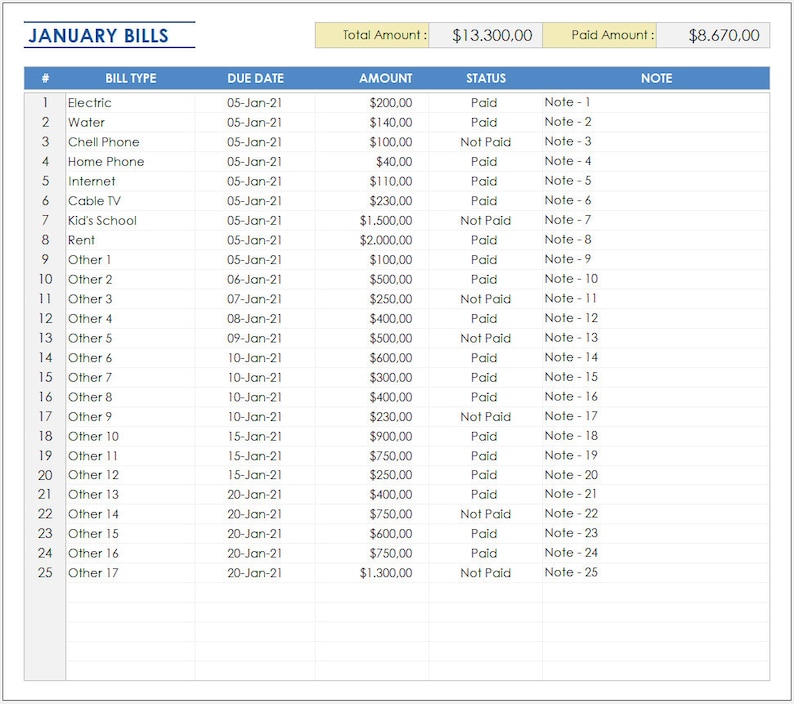 Monthly Bill Tracker Excel Template Bill Organizer Sheet - Etsy