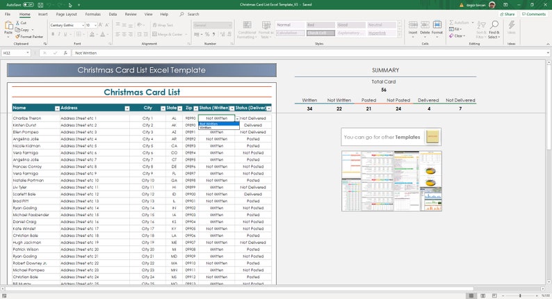 Christmas Card List Excel Template: Holiday Greeting Card Tracker With ...